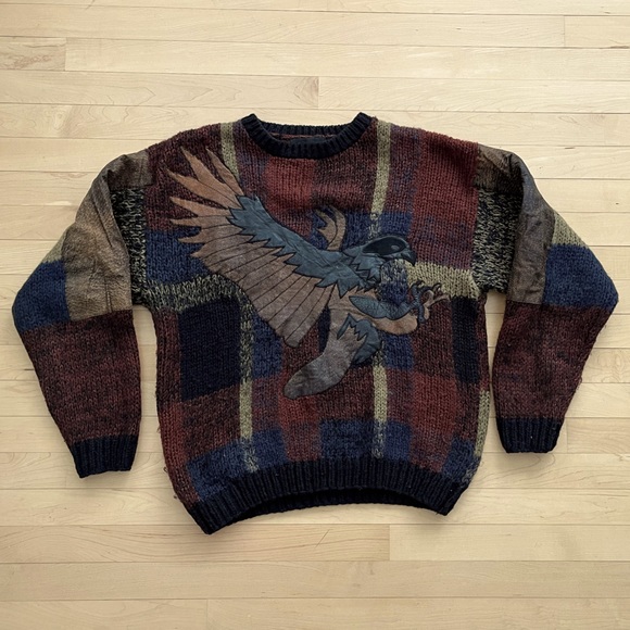 Vintage | Sweaters | Vtg Leather Eagle Chunky Knit Patchwork Sweater ...